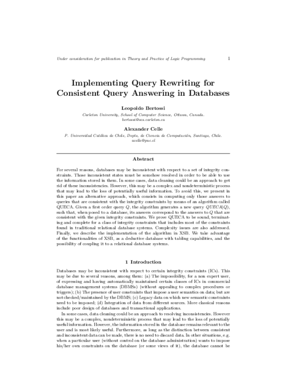 (PDF) Implementing Query Rewriting for Consistent Query Answering in Databases