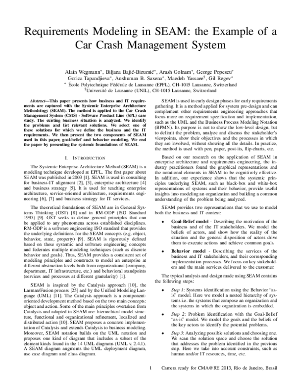 (PDF) Requirements modeling in SEAM: The example of a car crash ...