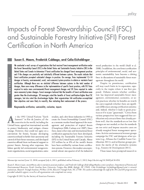 (PDF) Impacts of Forest Stewardship Council (FSC) and Sustainable Forestry Initiative (SFI ...