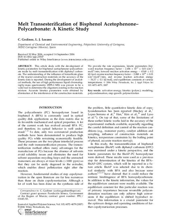 (PDF) Melt transesterification of bisphenol acetophenone–polycarbonate ...