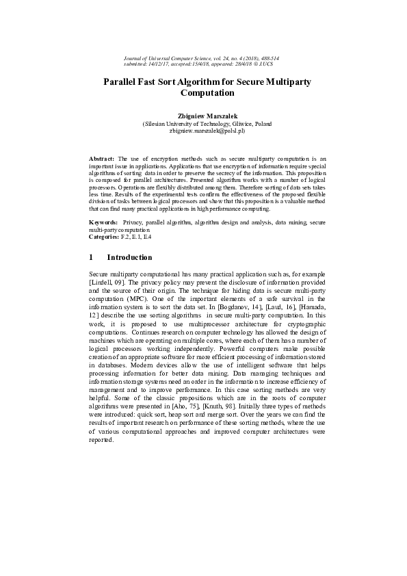 Pdf Parallel Fast Sort Algorithm For Secure Multiparty Computation