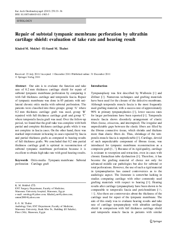(PDF) Repair of subtotal tympanic membrane perforation by ultrathin ...