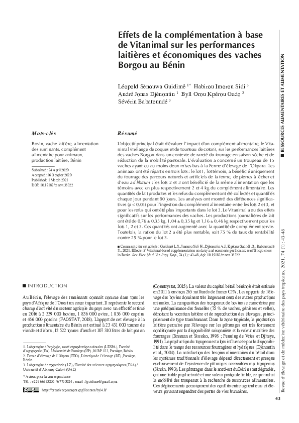 (PDF) Effets de la complémentation à base de Vitanimal sur les ...