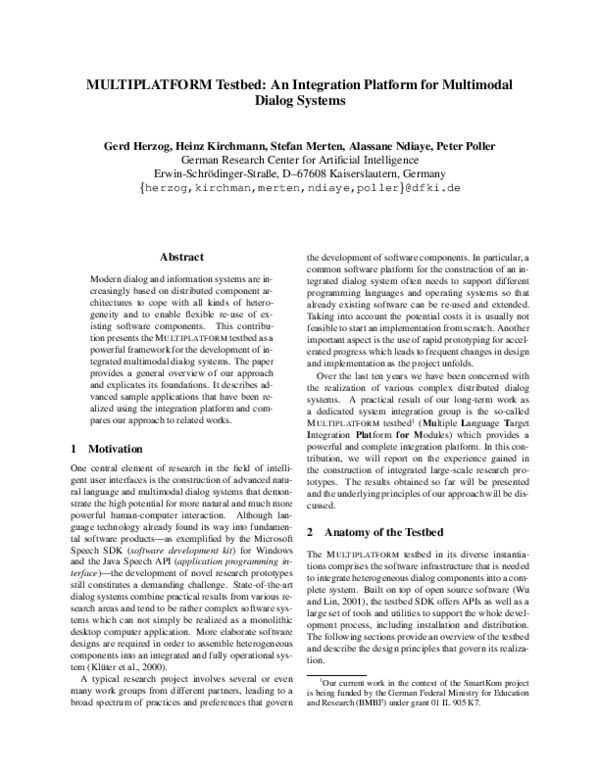 Pdf Multiplatform Testbed An Integration Platform For Multimodal Dialog Systems