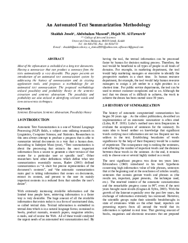 (PDF) An automated text summarization methodology