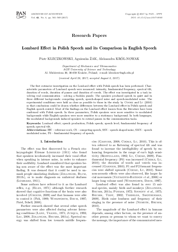 (PDF) Lombard Effect in Polish Speech and its Comparison in English Speech