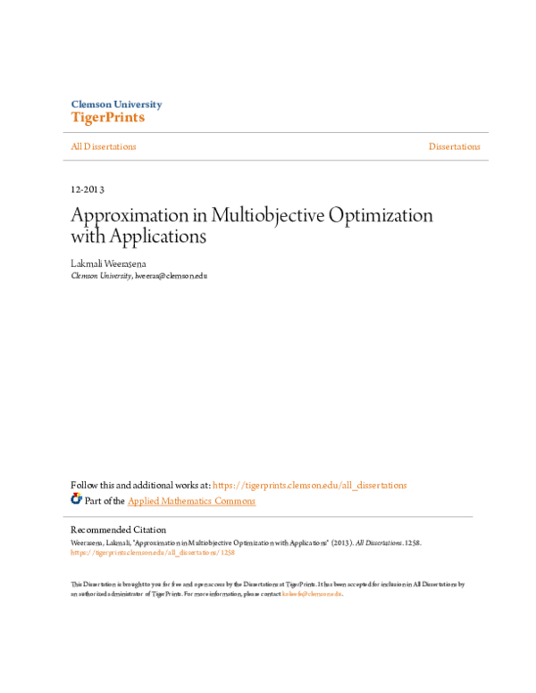 (PDF) Approximation in Multiobjective Optimization with Applications