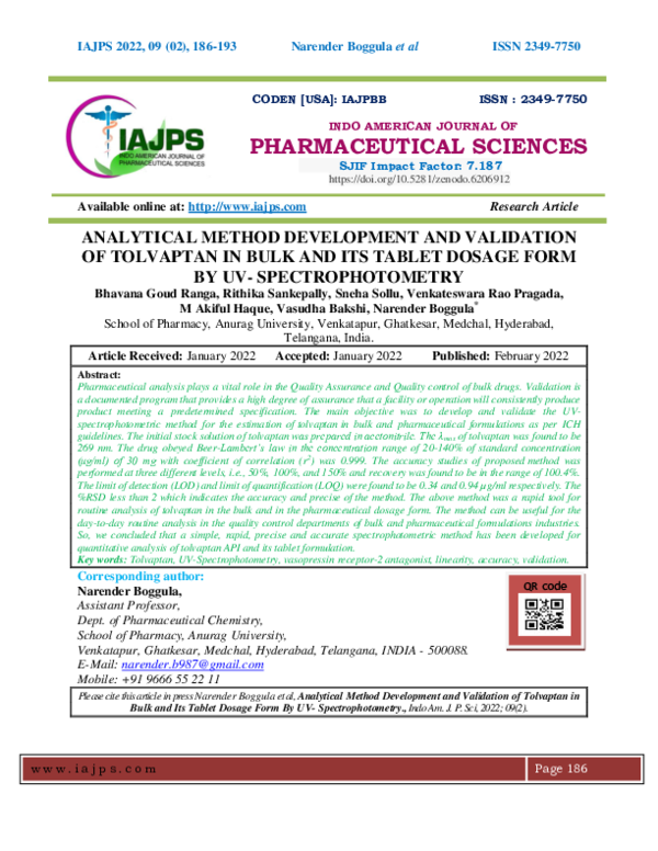 (PDF) ANALYTICAL METHOD DEVELOPMENT AND VALIDATION OF TOLVAPTAN IN BULK AND ITS TABLET DOSAGE ...