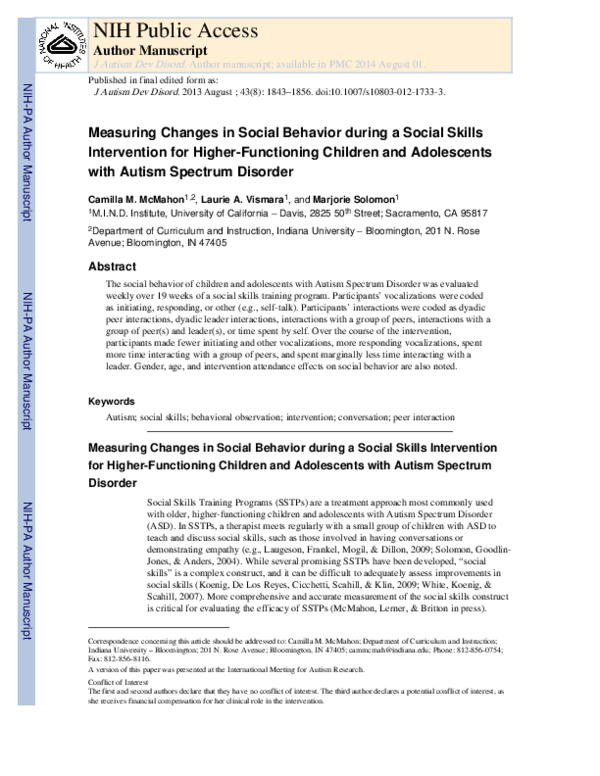 (PDF) Measuring Changes in Social Behavior During a Social Skills ...
