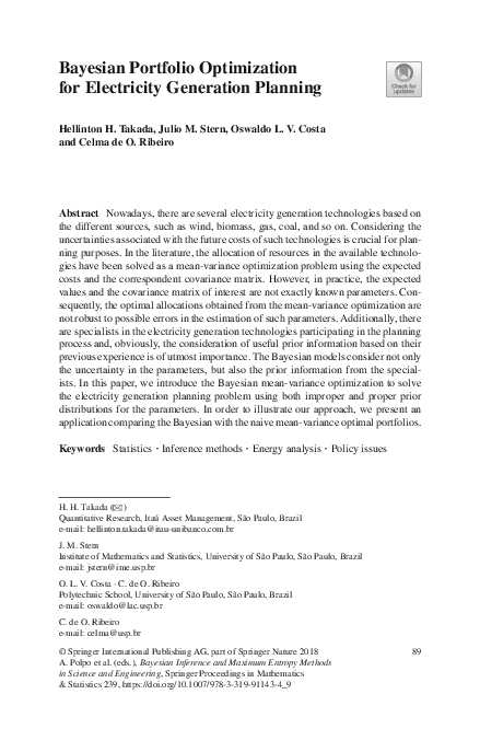 (PDF) Bayesian Portfolio Optimization for Electricity Generation Planning