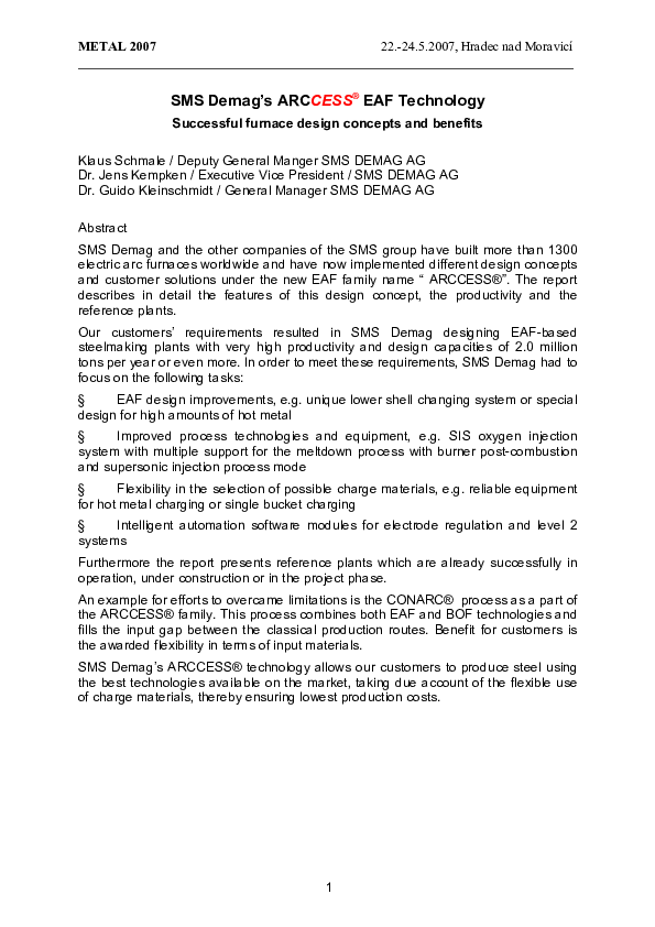 (PDF) CESS ® EAF Technology Successful furnace design concepts and benefits