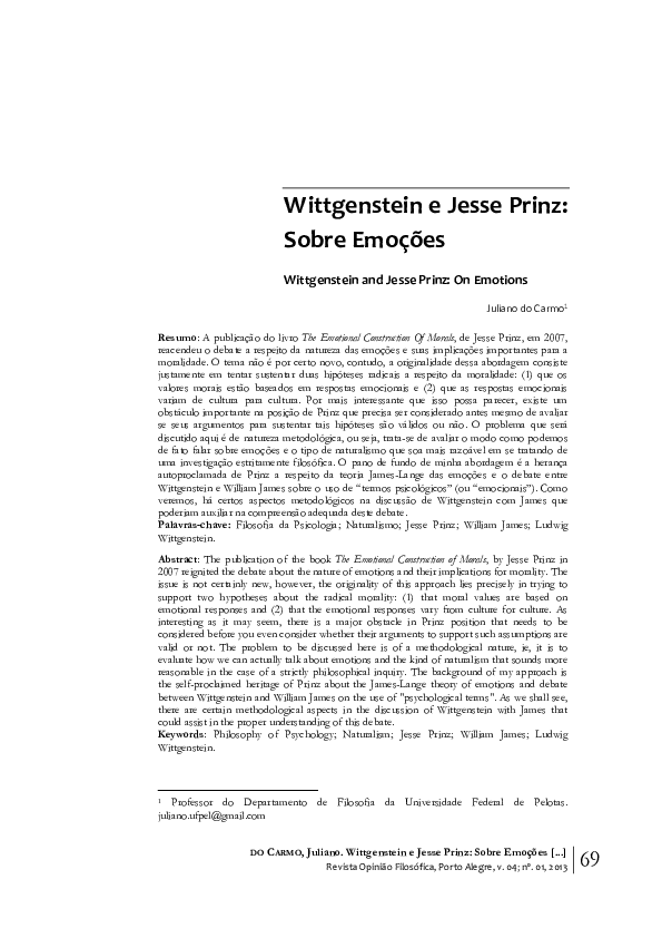 (PDF) Wittgenstein e Jesse Prinz: Sobre Emoções
