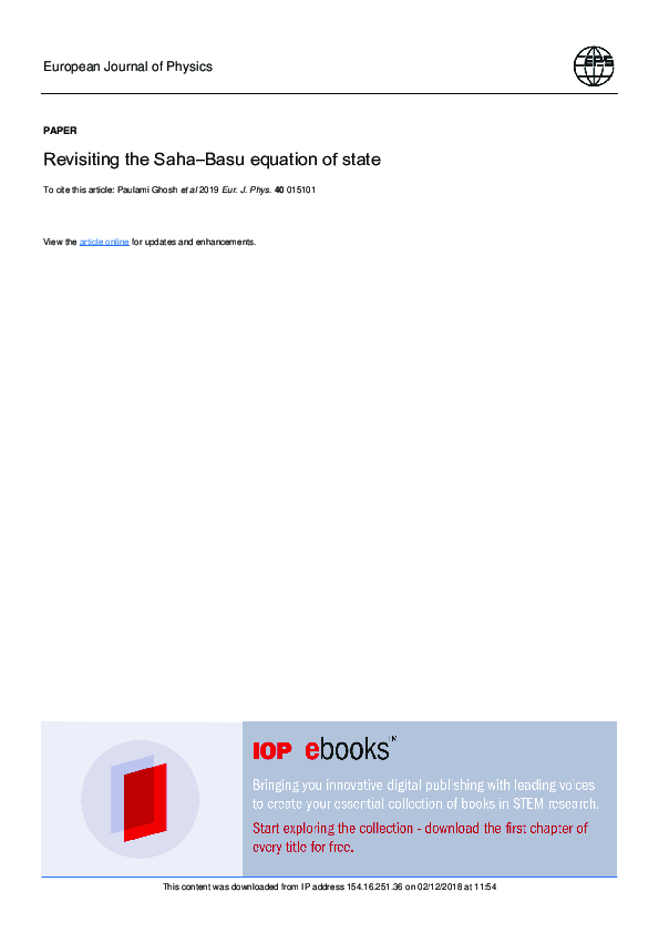 (PDF) Revisiting the Saha–Basu equation of state