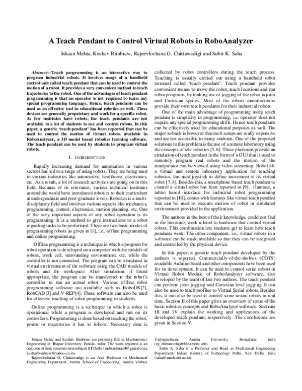 (PDF) A teach pendant to control virtual robots in Roboanalyzer