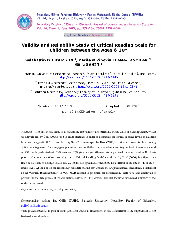 (PDF) Validity and Reliability Study of Critical Reading Scale for ...