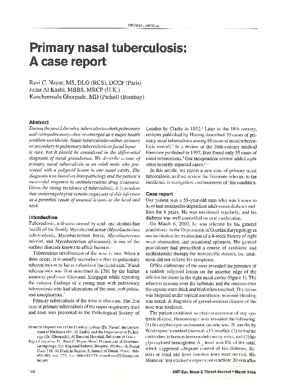 (PDF) Primary nasal tuberculosis: a case report