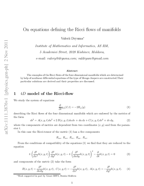 (PDF) On equations defining the Ricci flows of manifolds