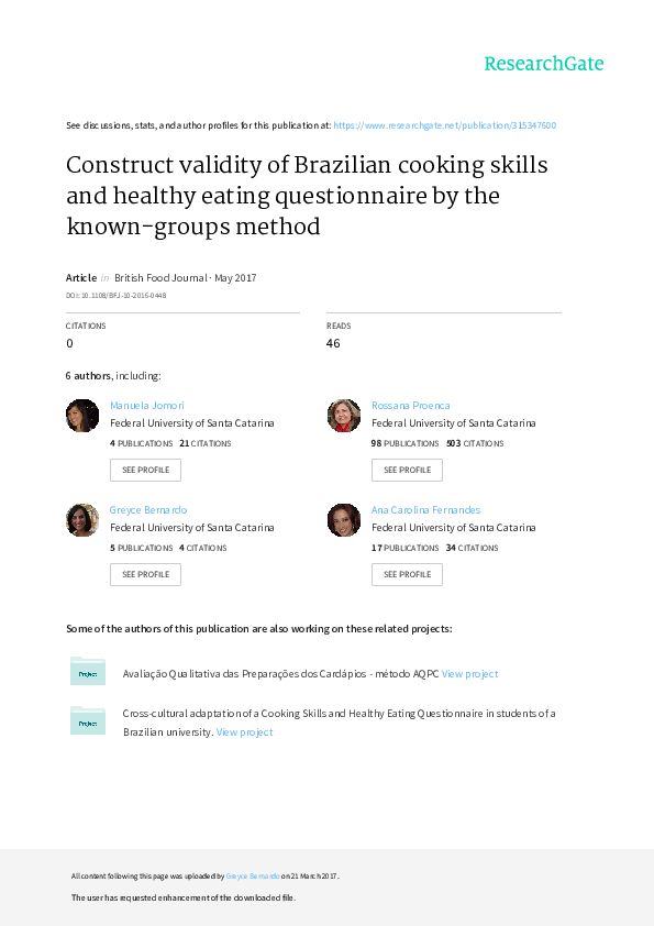 (PDF) Construct validity of Brazilian cooking skills and healthy eating ...