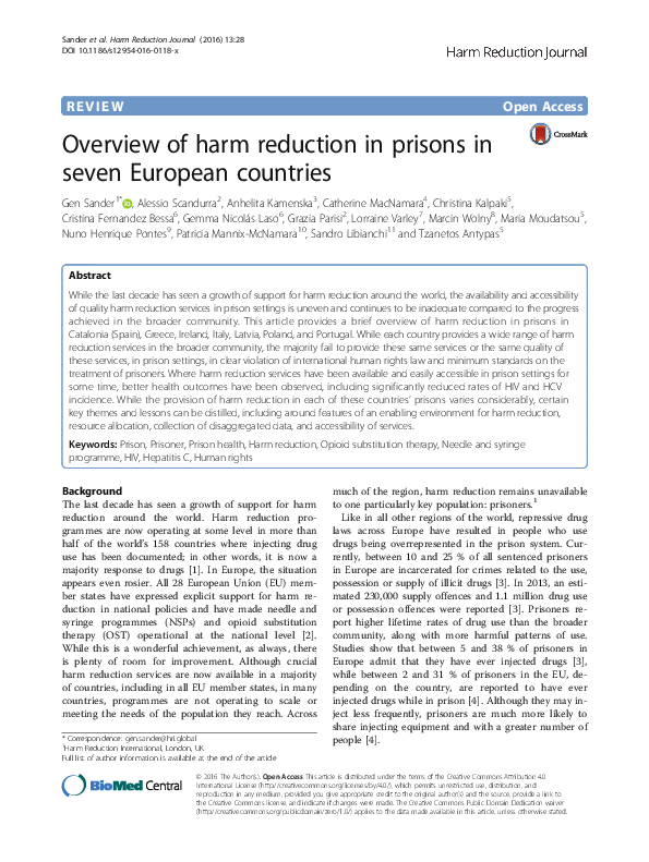 (PDF) Overview of harm reduction in prisons in seven European countries