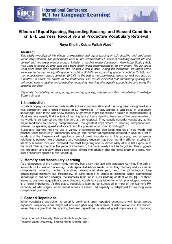 (PDF) Effects of Equal Spacing , Expanding Spacing , and Massed ...