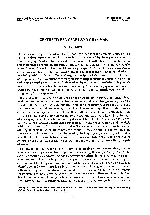 (PDF) Generativism, genes and grammar