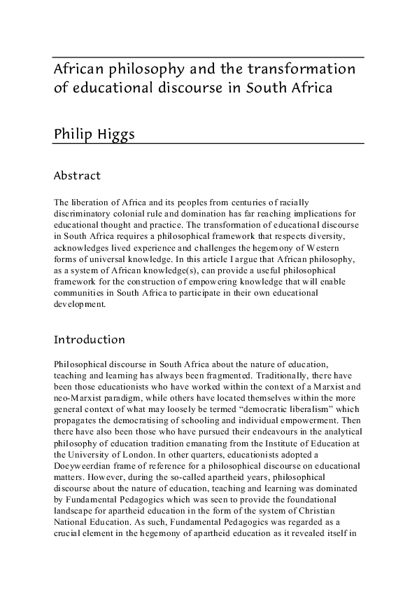 (PDF) African philosophy and the transformation of educational discourse in South Africa