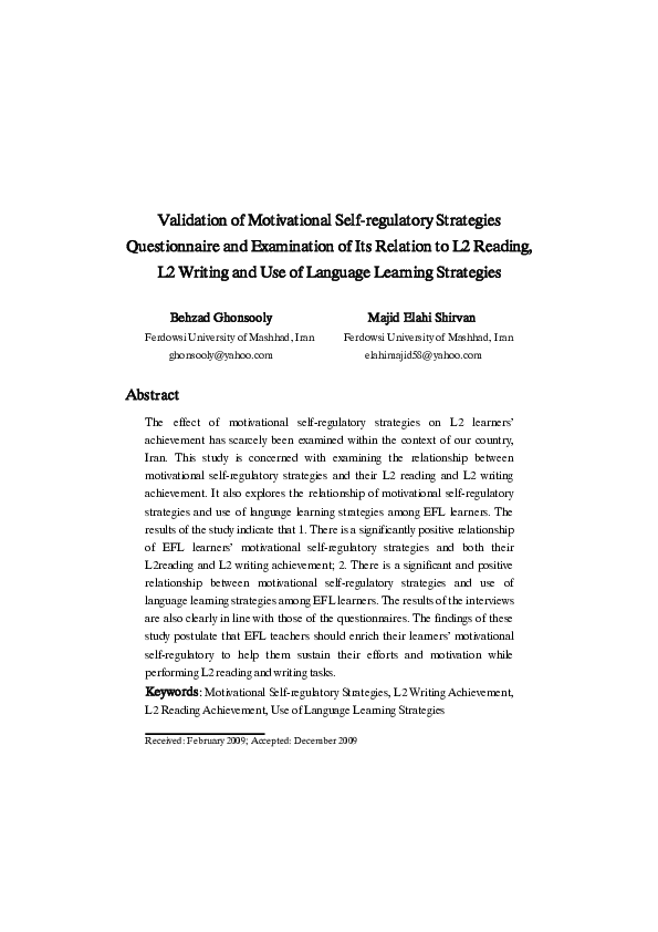 (PDF) Validation of Motivational Self-regulatory Strategies ...