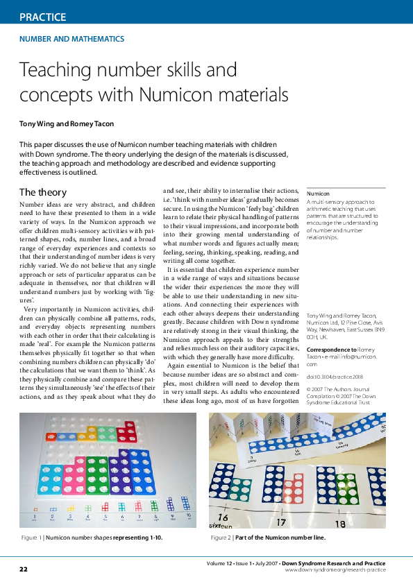 (PDF) Teaching number skills and concepts with Numicon materials