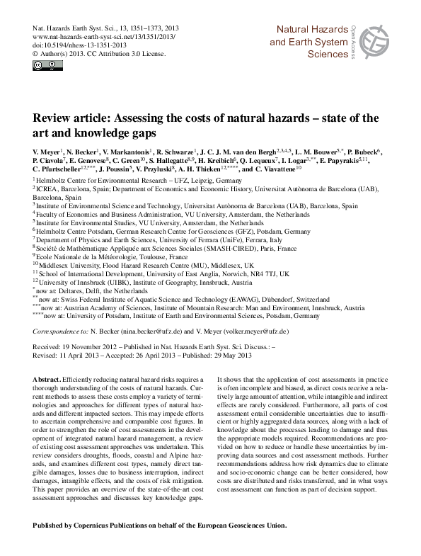 (PDF) Review article: Assessing the costs of natural hazards – state of ...