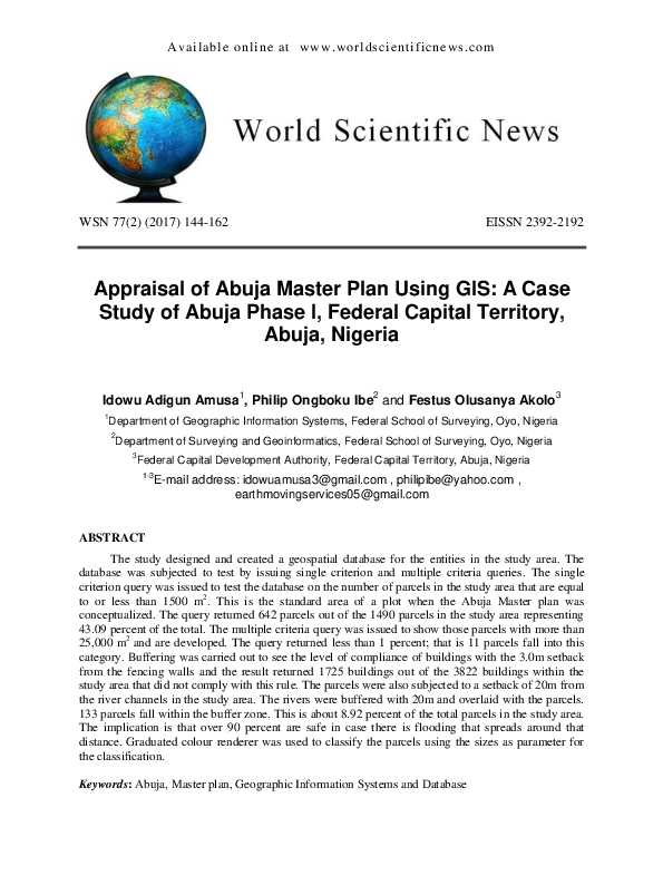 (PDF) Appraisal of Abuja Master Plan Using GIS: A Case Study of Abuja ...