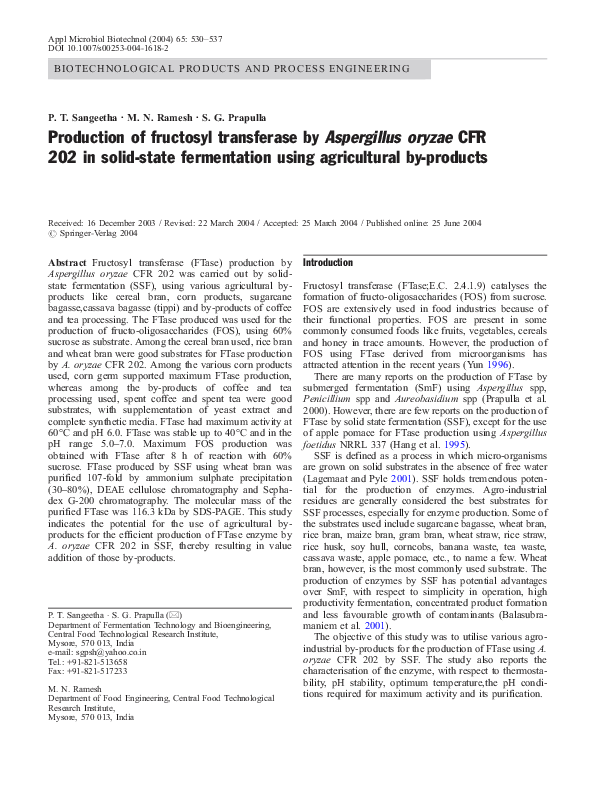 (PDF) Production of fructosyl transferase by Aspergillus oryzae CFR 202 in solid-state ...