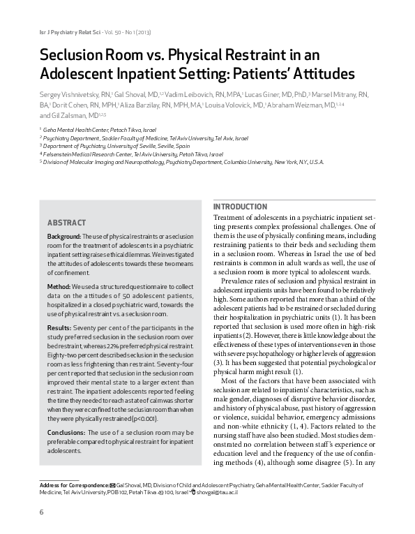 (PDF) Seclusion room vs. physical restraint in an adolescent inpatient ...
