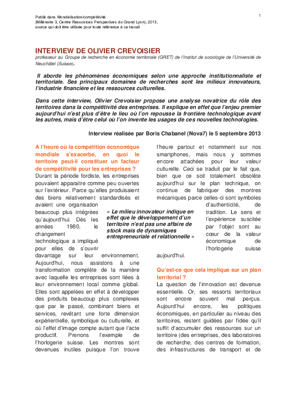 (PDF) Les nouvelles logiques territoriales de l’innovation (interview) | olivier crevoisier ...