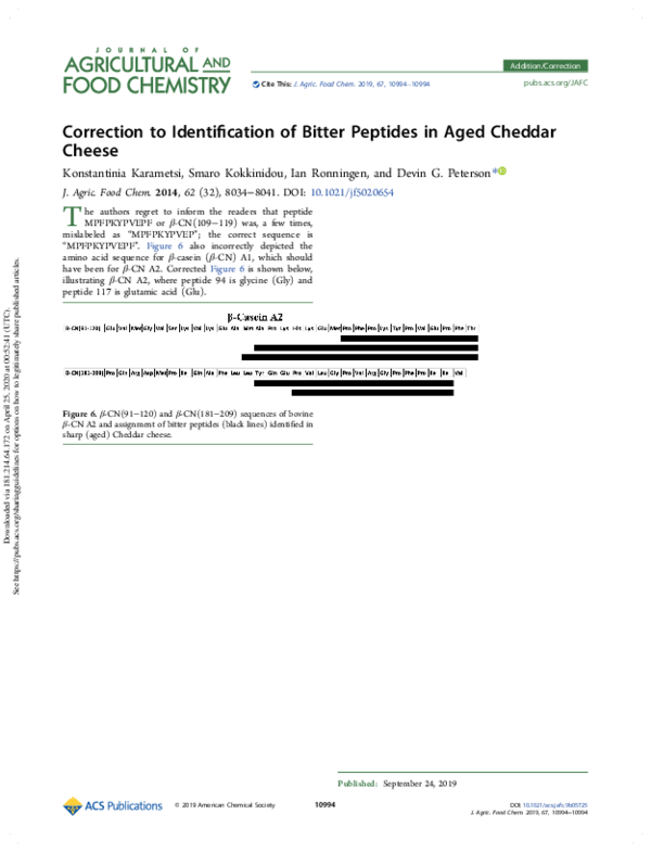 (PDF) Correction to Identification of Bitter Peptides in Aged Cheddar ...