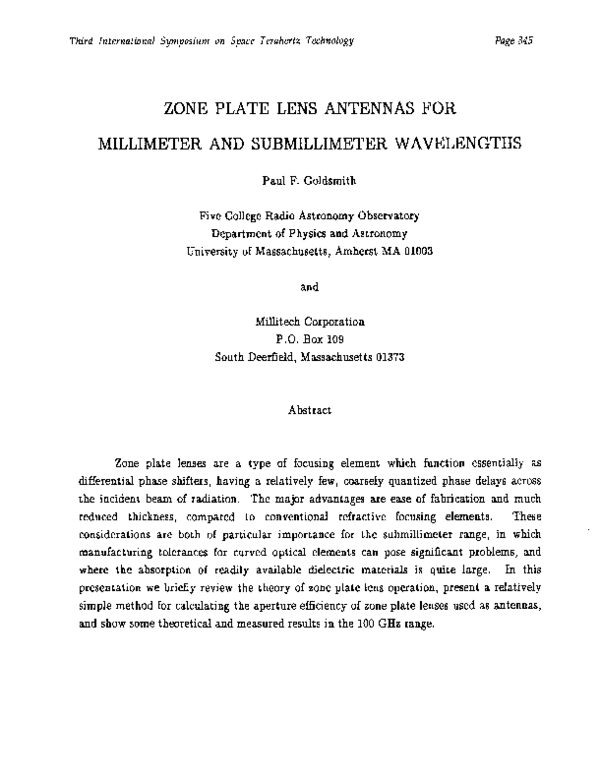 (PDF) Zone plate lens antennas for millimeter and submillimeter wavelengths