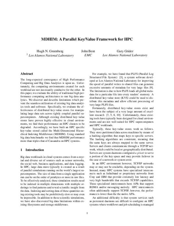 (PDF) MDHIM: A Parallel Key/Value Framework for HPC | Gary Grider ...