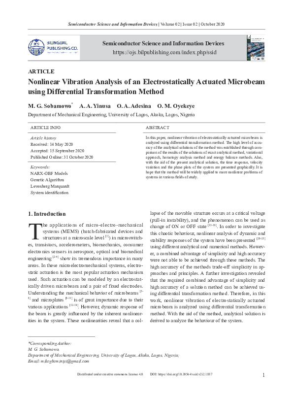 Pdf Nonlinear Vibration Analysis Of An Electrostatically Actuated