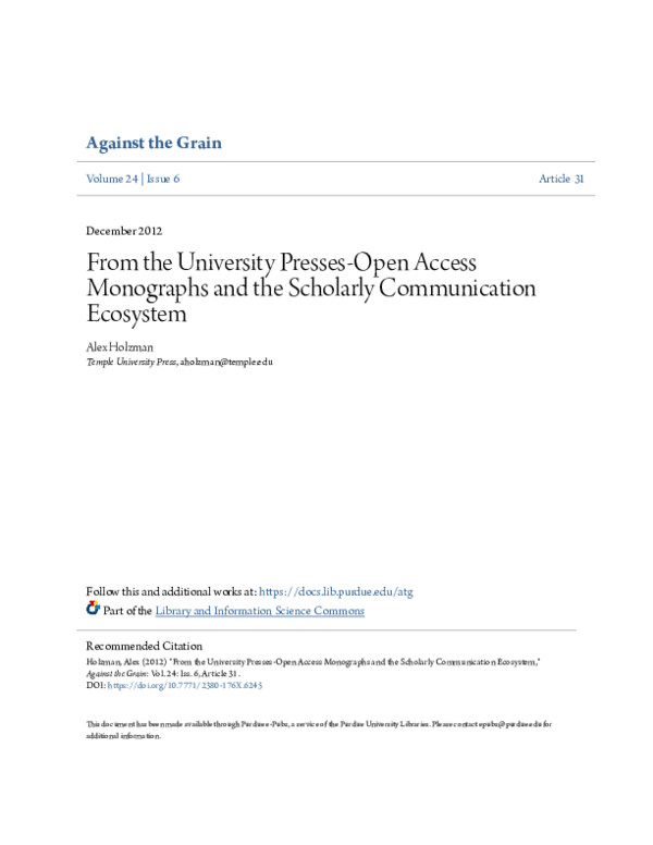 (PDF) From the University Presses-Open Access Monographs and the ...