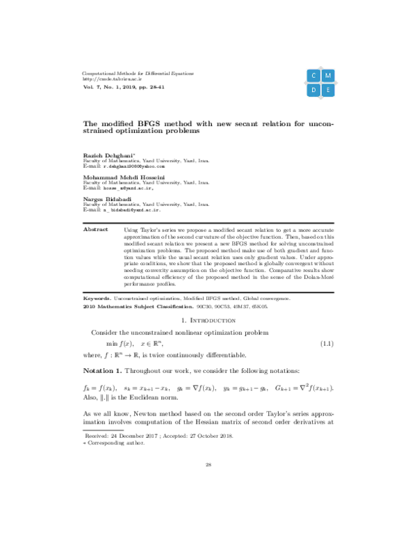 Pdf The Modified Bfgs Method With New Secant Relation For Unconstrained Optimization Problems 9380