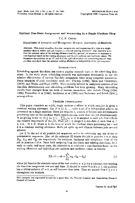 (PDF) Optimal due-date assignment and sequencing in a single machine shop
