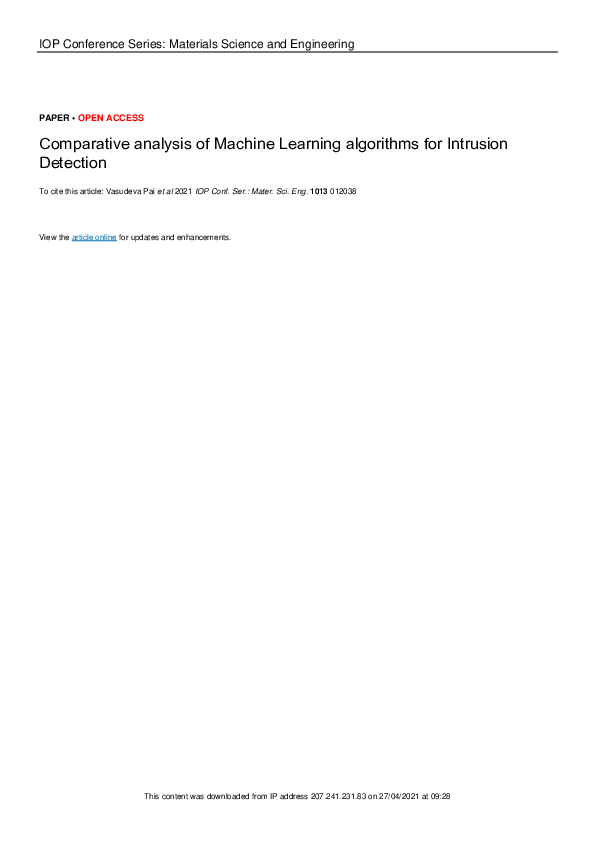 Pdf Comparative Analysis Of Machine Learning Algorithms For Intrusion