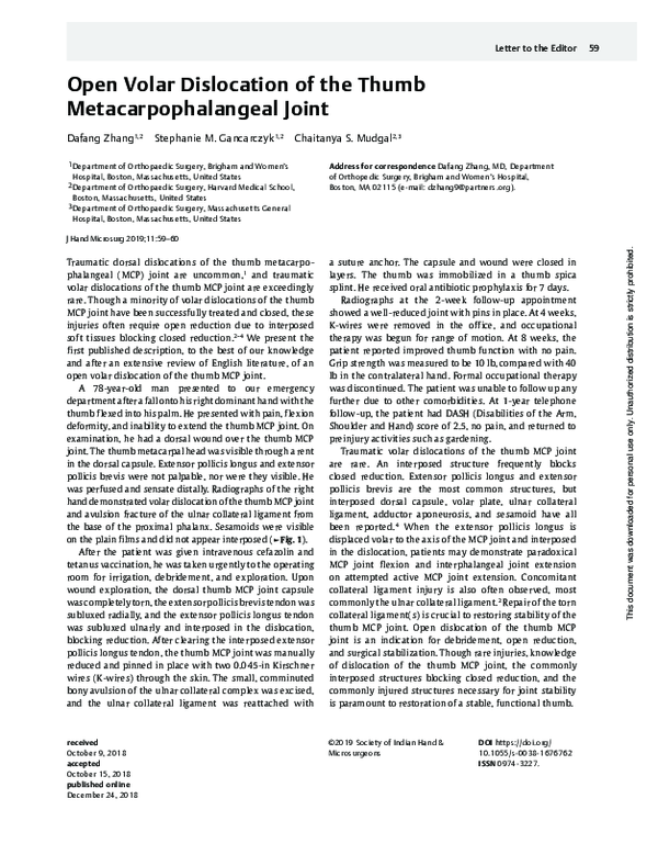 Open Volar Dislocation of the Thumb Metacarpophalangeal Joint
