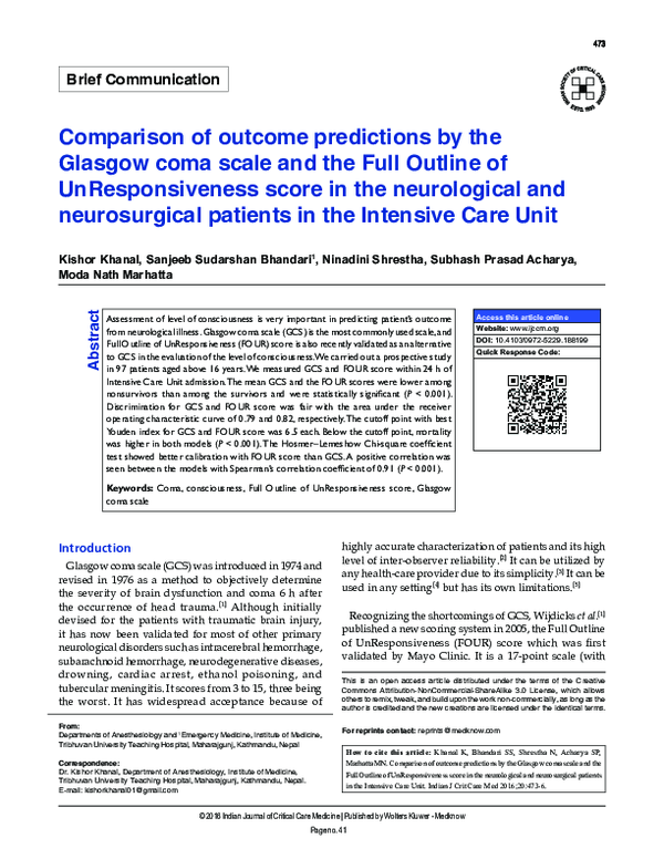 (PDF) Comparison of outcome predictions by the Glasgow coma scale and ...