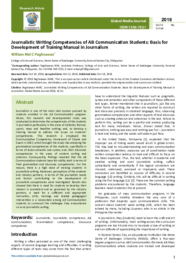 (PDF) Journalistic Writing Competencies of AB Communication Students ...