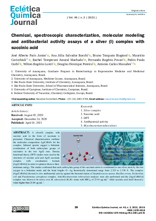 (PDF) Chemical, spectroscopic characterization, molecular modeling and antibacterial activity ...
