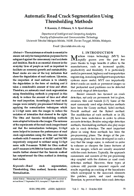 (PDF) Automatic Road Crack Segmentation Using Thresholding Methods