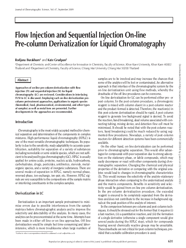 Pdf Flow Injection And Sequential Injection On Line Pre Column Derivatization For Liquid