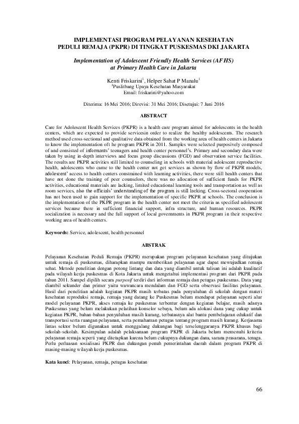 (PDF) Implementasi Program Pelayanan Kesehatan Peduli Remaja (PKPR) DI Tingkat Puskesmas Dki Jakarta