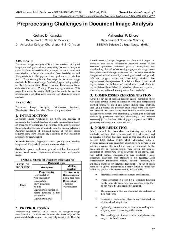 (PDF) Preprocessing Challenges in Document Image Analysis