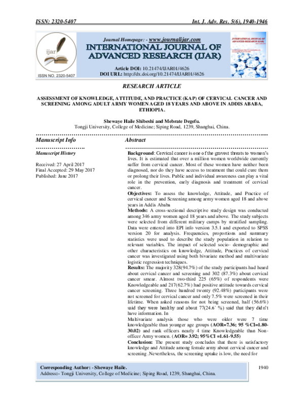 (PDF) Assessment of Knowledge, Attitude, and Practice (Kap) of Cervical Cancer and Screening ...